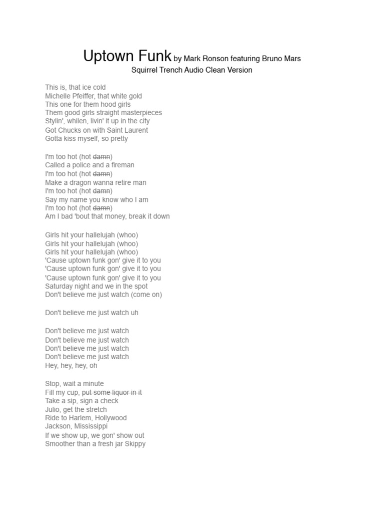 Uptown Funk Clean Lyric Sheet | PDF | American Pop Songs | Rhythm And ...