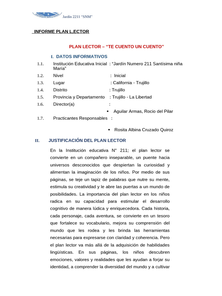 INFORME PLAN LECTOR 3 Años E | PDF | Comprensión lectora | Modificación de comportamiento