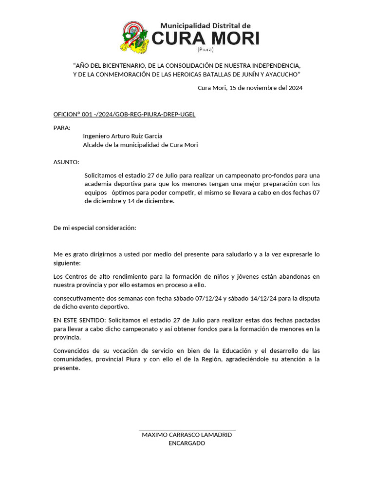 Oficio Apoyo Curamori | PDF