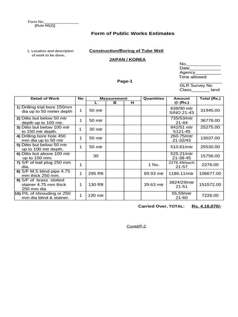 Tube Well Boring Cost Estimates | PDF