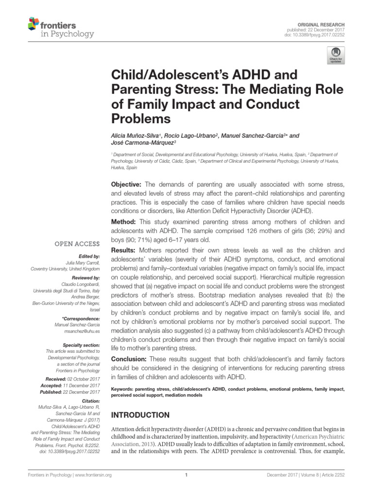Child Adolescent's ADHD and Parenting Stress - The Mediating Role of ...