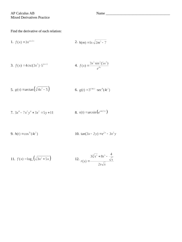 AP Calculus AB Mixed Derivatives Practice | PDF