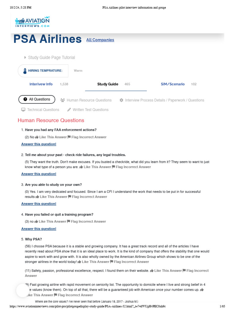 PSA Airlines Pilot Interview Guide | PDF | Transport | Aviation