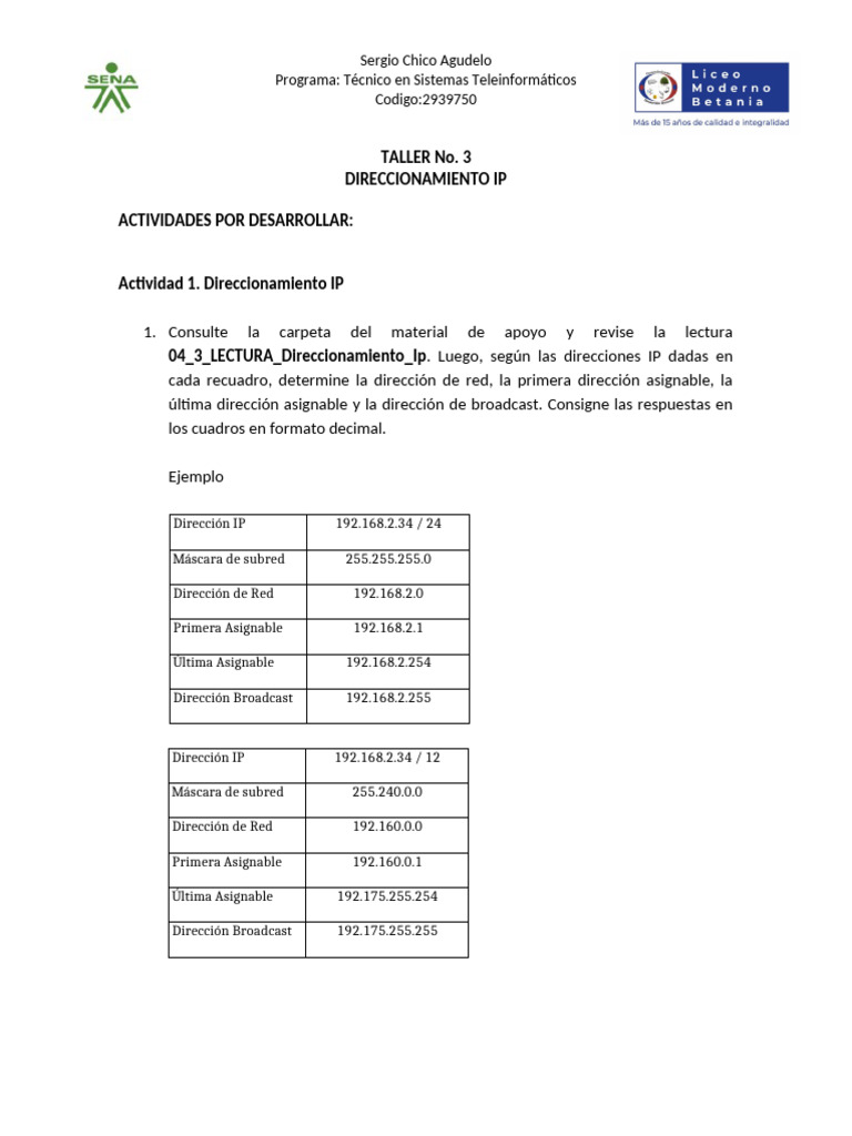 04 3 EJERCICIO Direccionamiento Ip. | PDF | Dirección IP | Arquitectura de Computadores
