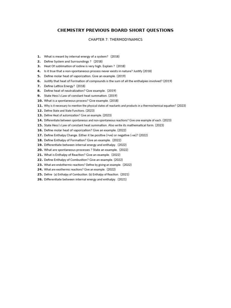Thermodynamics Short Questions Guide | PDF