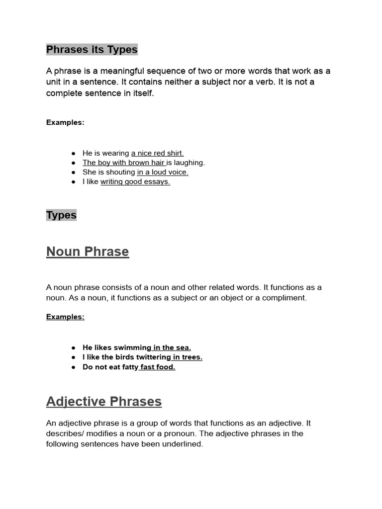 Types of Phrases Explained | PDF