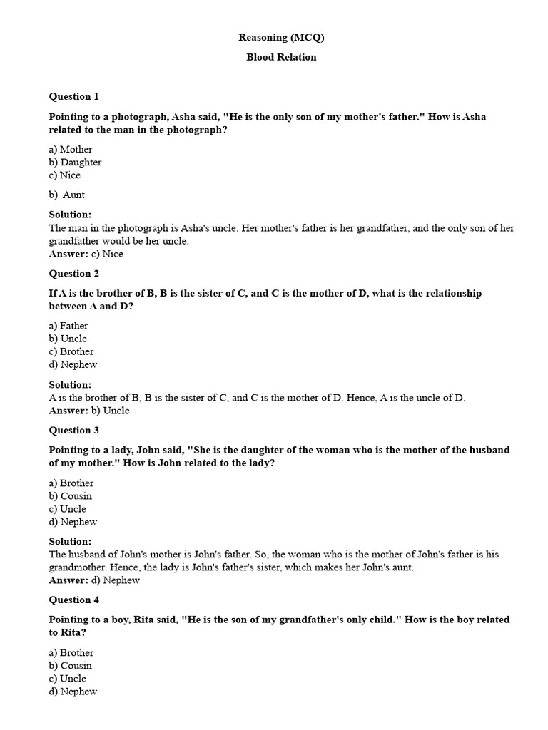 Blood Relation With Answer | PDF | Family | Human Reproduction