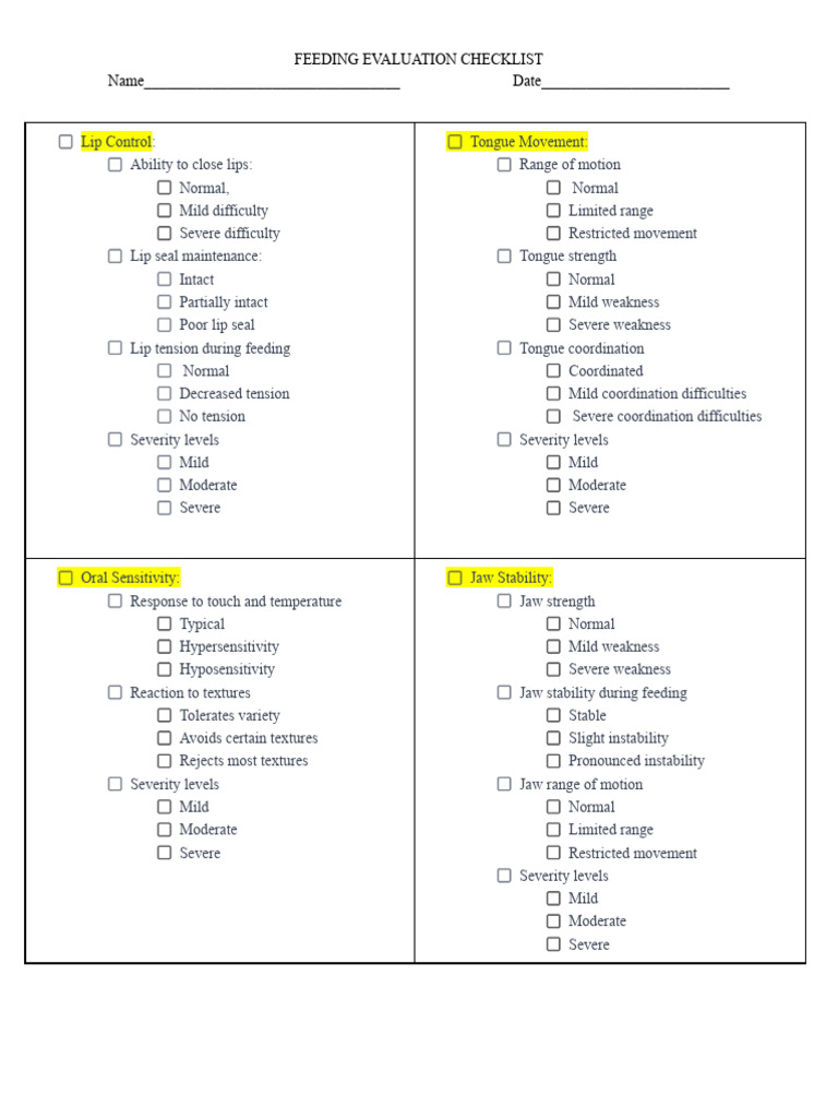 Feeding Evaluation Checklist Name - Date | PDF | Mouth | Tongue