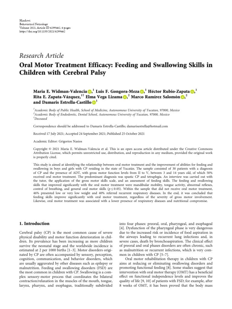 Oral Motor Treatment Efficacy Feeding and Swallowi | PDF | Cerebral ...