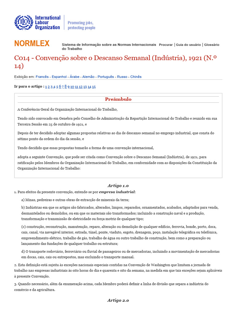 Convenção C014 - Convenção Sobre o Descanso Semanal (Indústria), 1921 ...