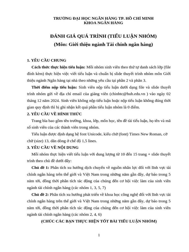 Yeu cau tieu luan nhom_Gioi thieu nganh TCNH | PDF