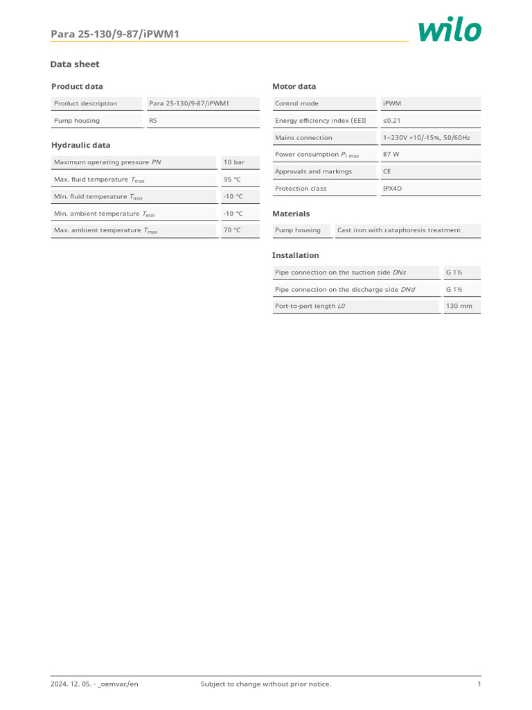 Wilo Para 25-130/9-87/iPWM1 Data Sheet | PDF