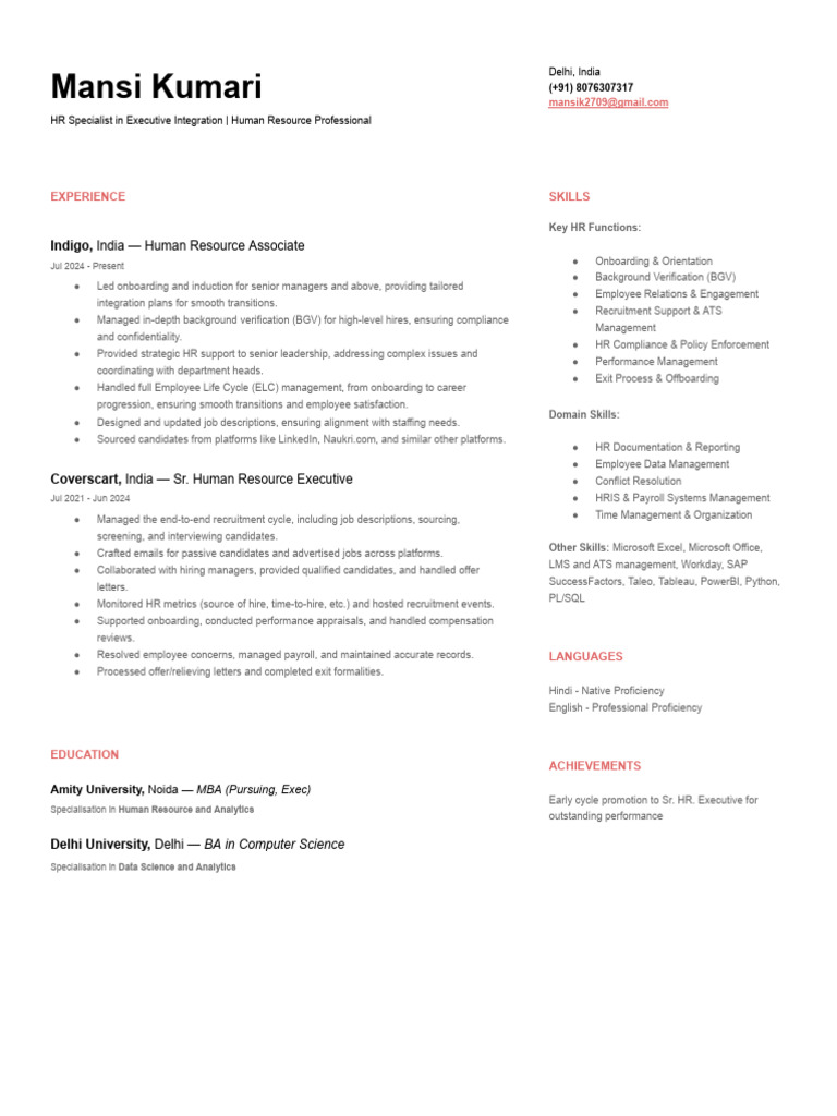 HR_Resume_Mansi | PDF | Human Resource Management | Recruitment