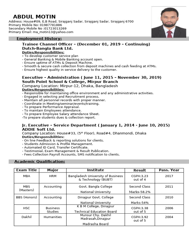 Resume of Abdul Motin | PDF | Business