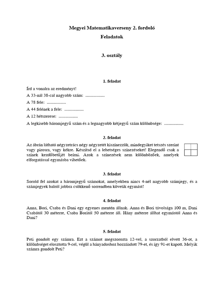 Zrinyi Matekverseny 3 Osztály 2 Forduló | PDF