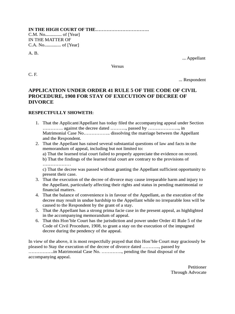 Stay Application Under Order 41 Rule 5 CPC | PDF