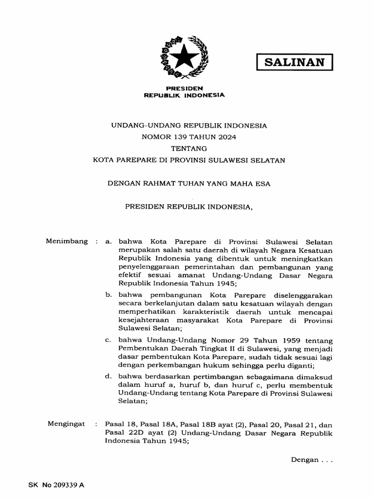 Salinan UU Nomor 139 Tahun 2024 | PDF