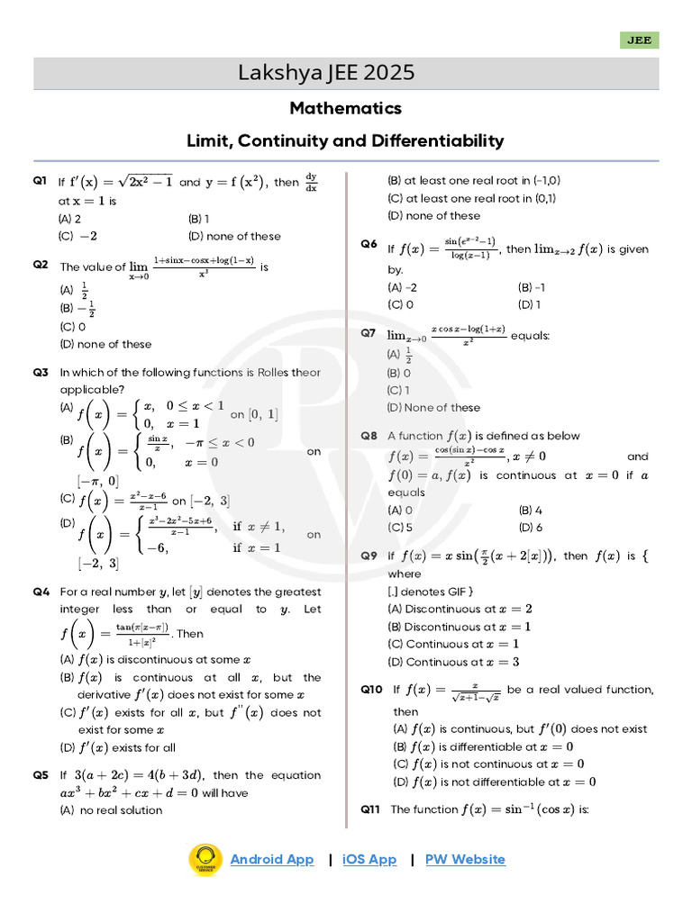 Limit, Continuity and Differentiability _ Practice Sheet __ Lakshya JEE Fastrack 2025 | PDF ...