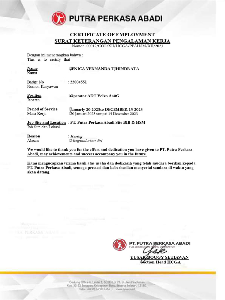 Sertifikat Pengalaman Kerja PPA | PDF