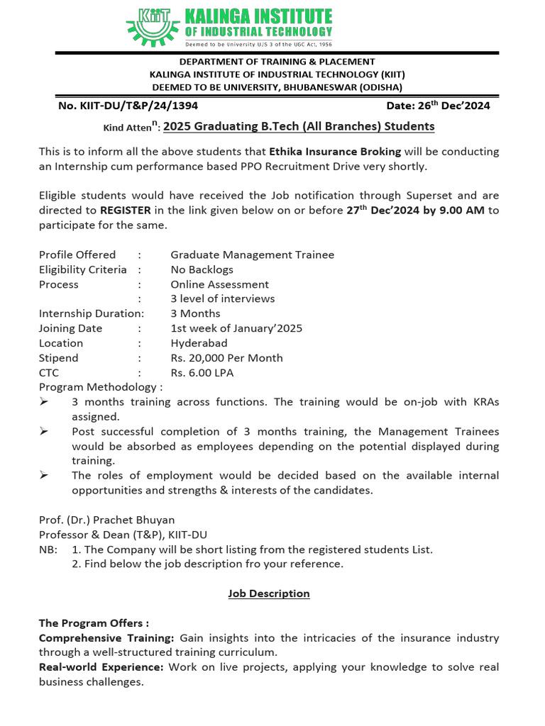 KIIT B.Tech Internship Recruitment Drive | PDF | Internship | Job Hunting