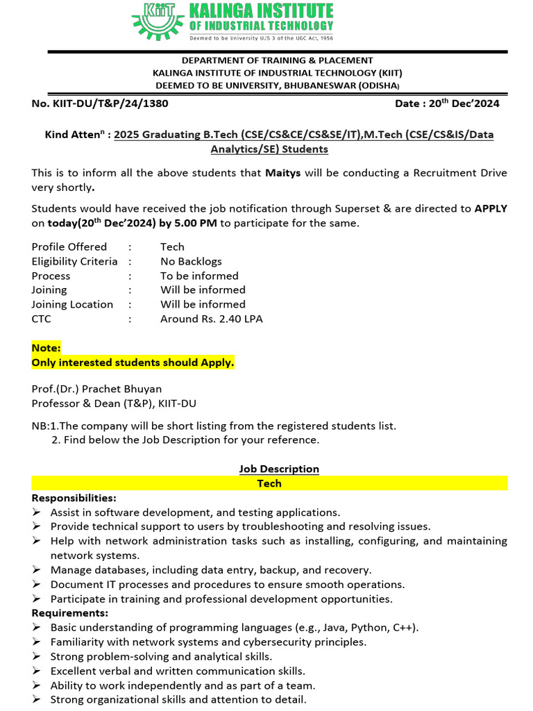 KIIT Recruitment Drive for B.Tech & M.Tech Students | PDF