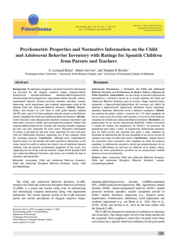 Psychometric Properties and Normative | PDF | Attention Deficit Hyperactivity Disorder | Mental ...