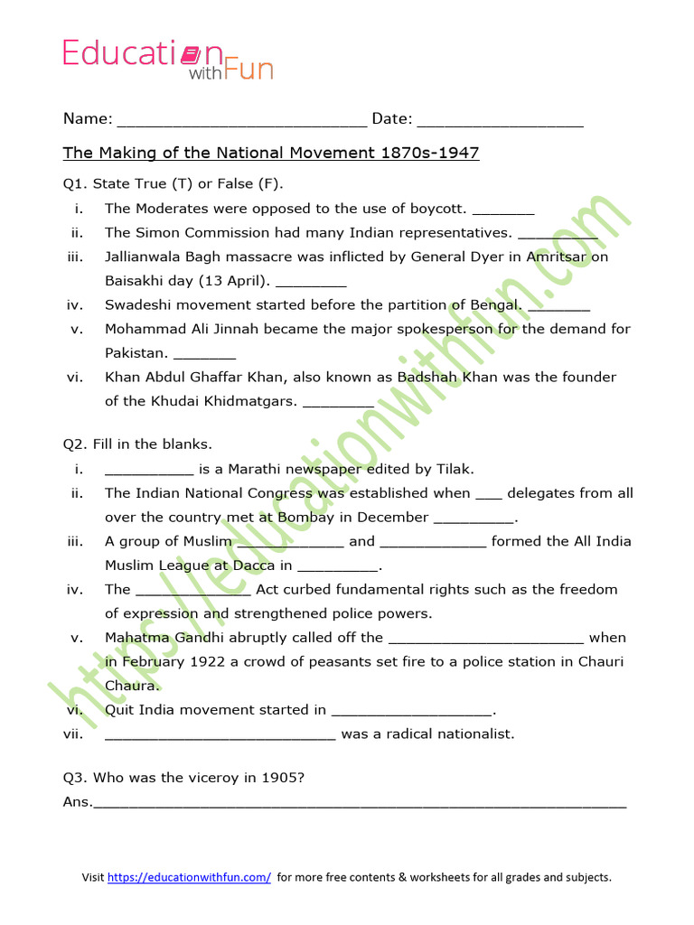 History Quiz: National Movement | PDF | Colonial India | South Asia
