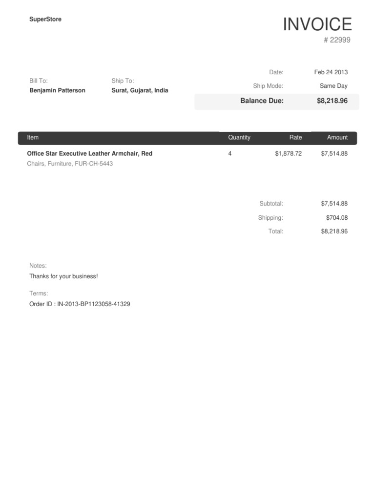 Invoice #22999 for Office Chairs | PDF