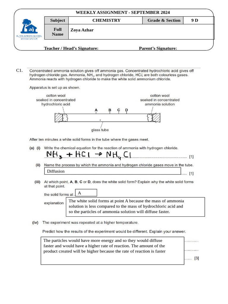 Weekly Chemistry Assignment on Diffusion | PDF