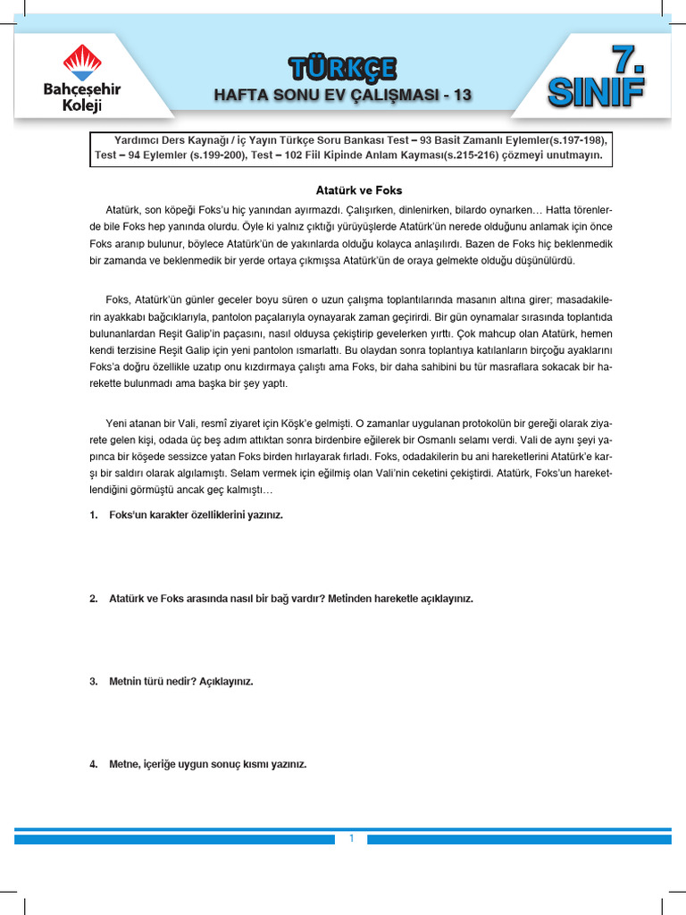 7 Sinif Turkce Hafta Sonu 13 1733999929 | PDF