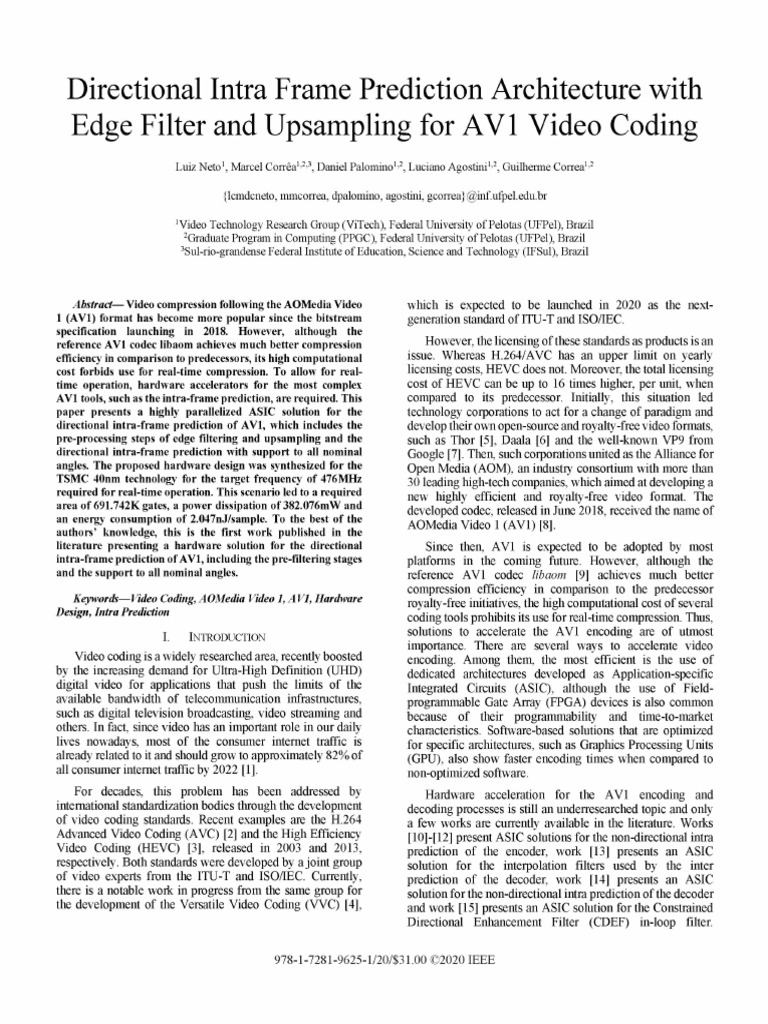 Directional Intra Frame Prediction Architecture With Edge Filter and Upsampling for AV1 Video ...
