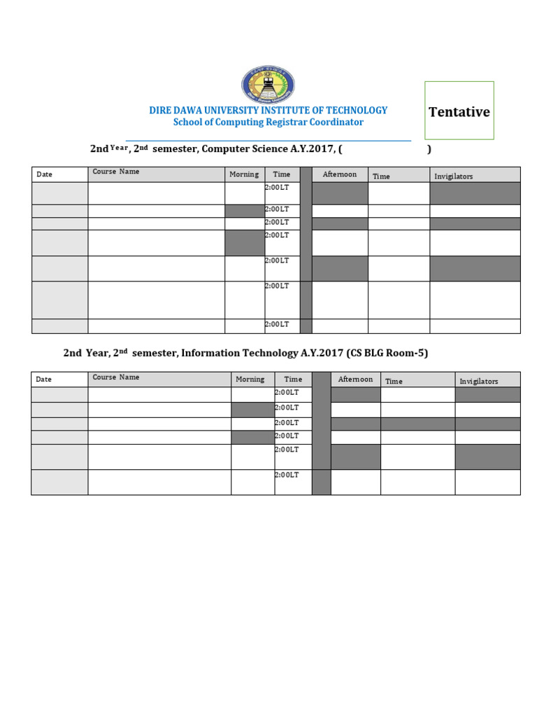 Dire Dawa University 2017 Exam Schedule | PDF | Computer Programming | Discrete Mathematics