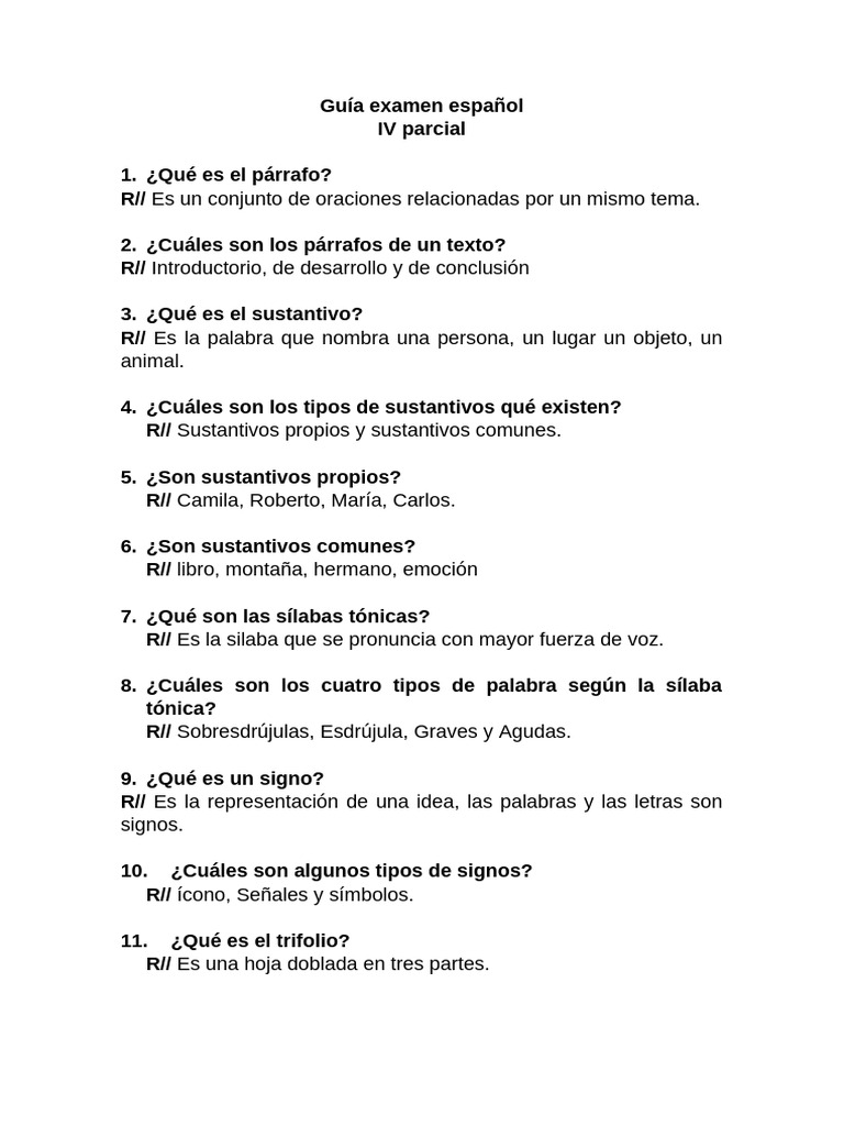 Guía Examen Español IV Parcial | PDF