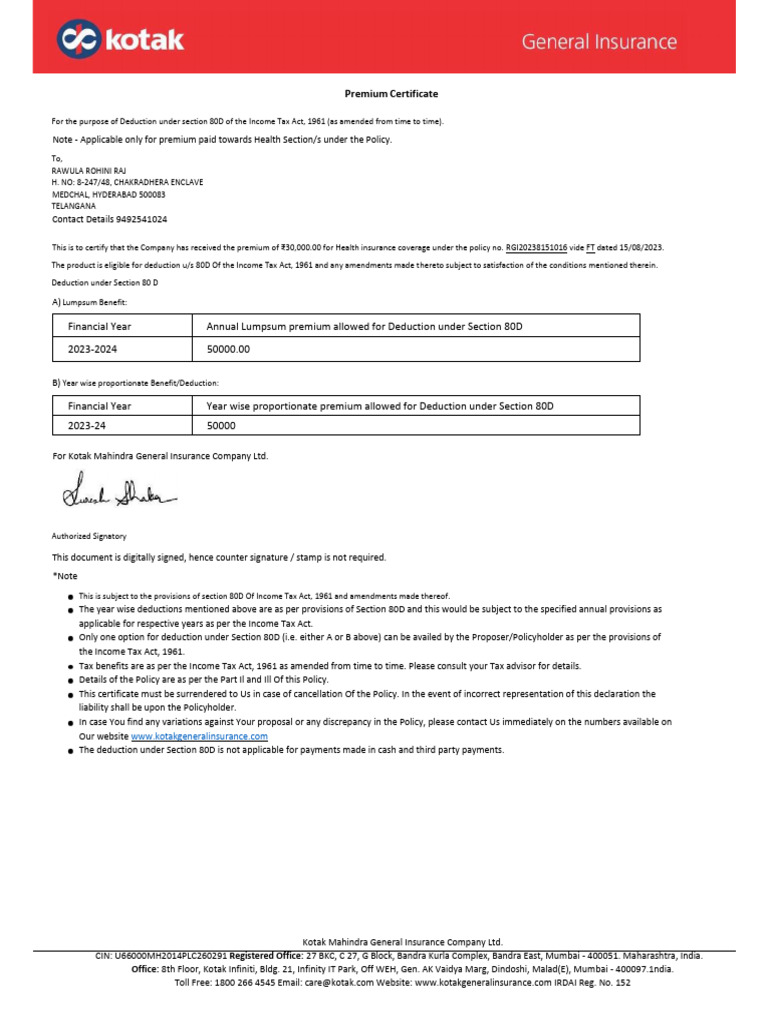 Rohini Self Kotak Medical Insurance 80D 2023 | PDF | Insurance | Taxes