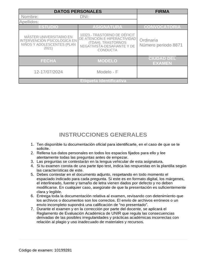 Examen TDAH: Instrucciones y Evaluación | PDF | Desorden hiperactivo y ...