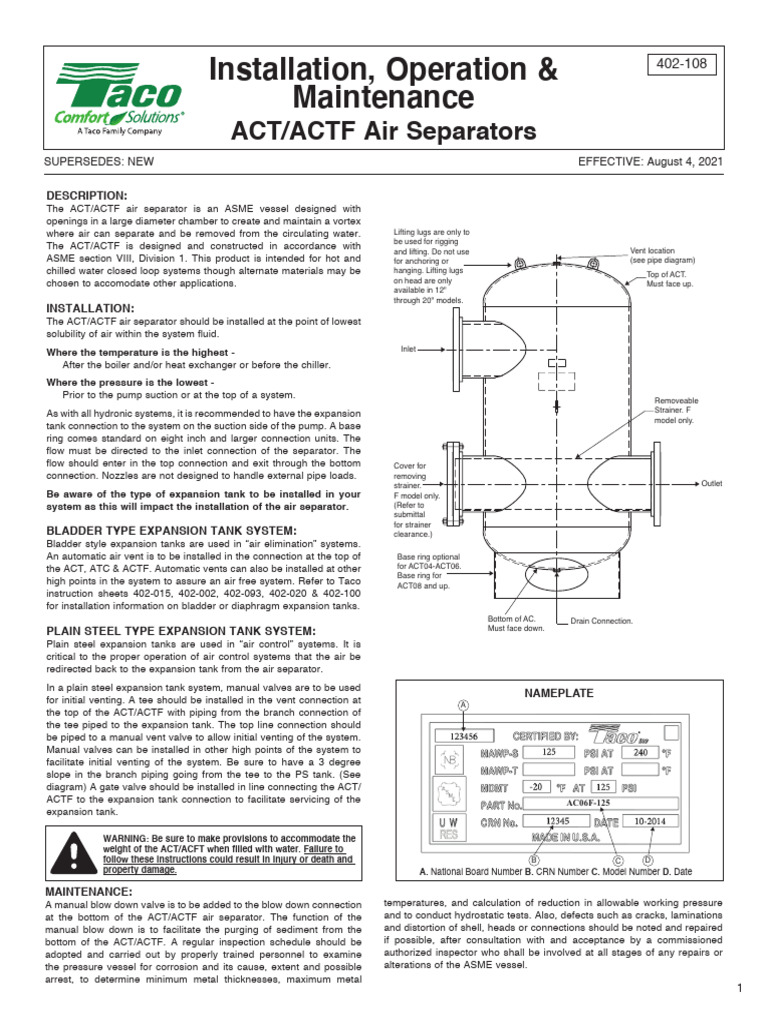 ACT-ACTF Air Separator - IOM - 402-108 | PDF | Valve | Pump