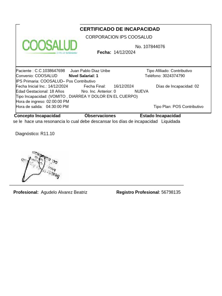 Incapacidad Coosalud | PDF