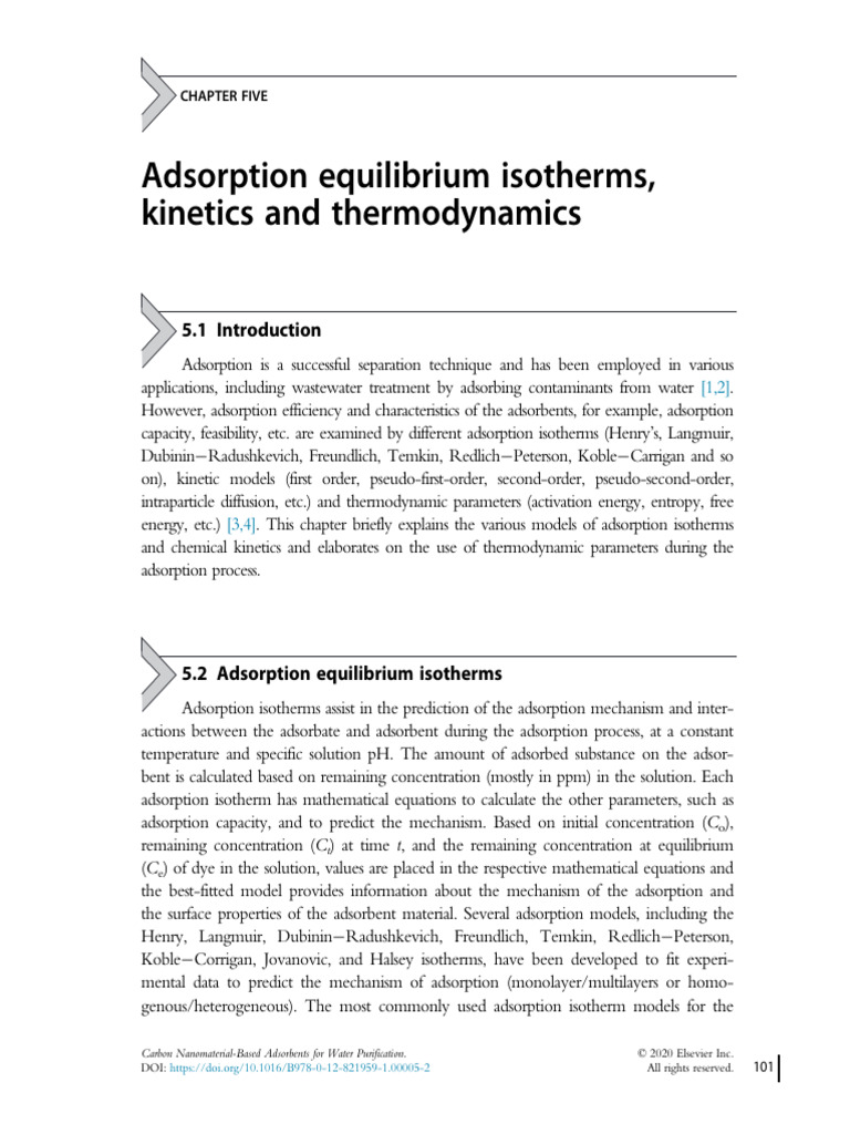 Chapter Five. Adsorption Equilibrium Isotherms, Kinetics and Thermodynamics - 3-s2.0 ...