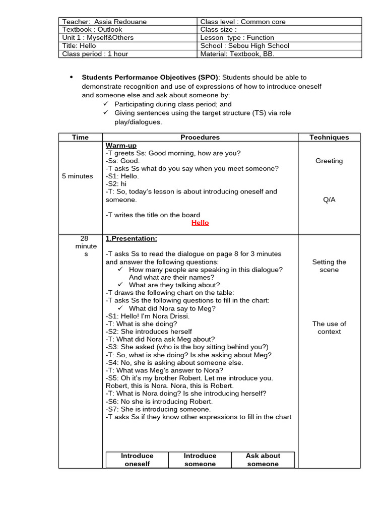 Introducing Oneself and Others Lesson | PDF | Human Communication ...