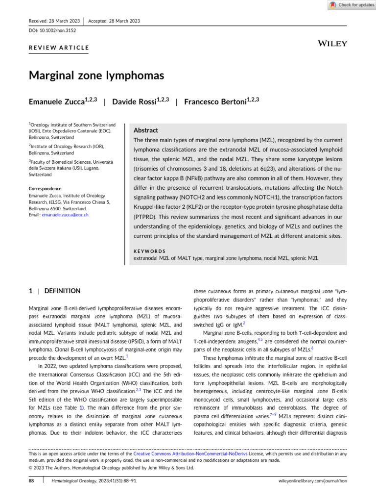 Hematological Oncology - 2023 - Zucca - Marginal Zone Lymphomas | PDF | Lymphoma | Radiation Therapy