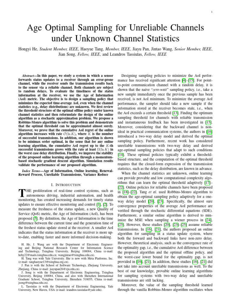 Age Optimal Sampling For Unreliable Channels Under Unknown Channel ...