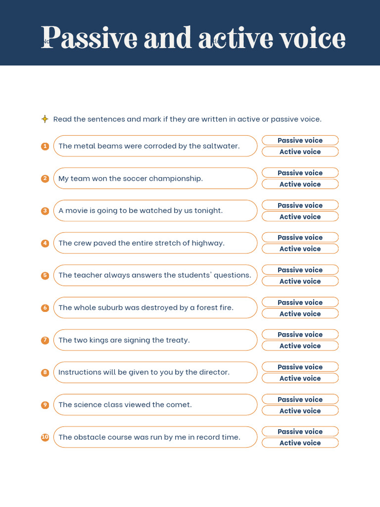 Passive and Active Voice Grammar Worksheet in Blue and Orange Simple ...