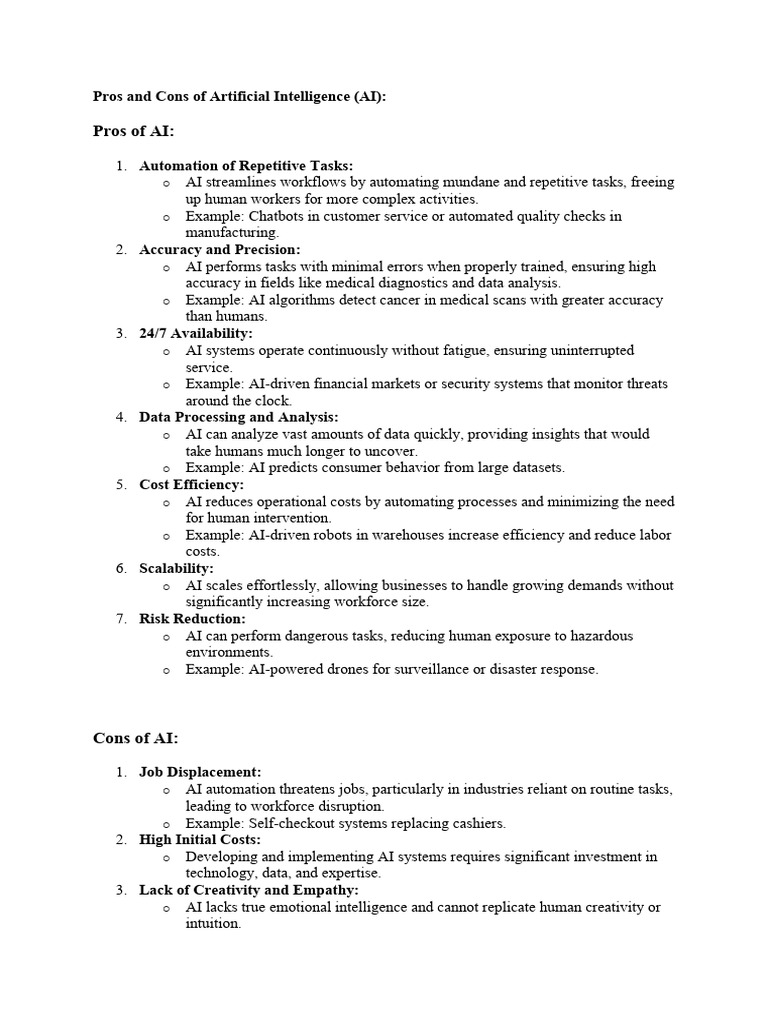 Pros and Cons of Artificial Intelligence | PDF | Artificial ...