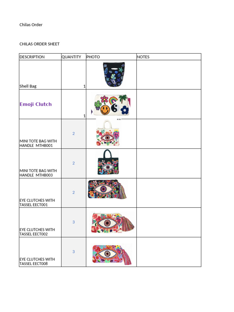 Chilas Order Sheet for Bags and Clutches | PDF