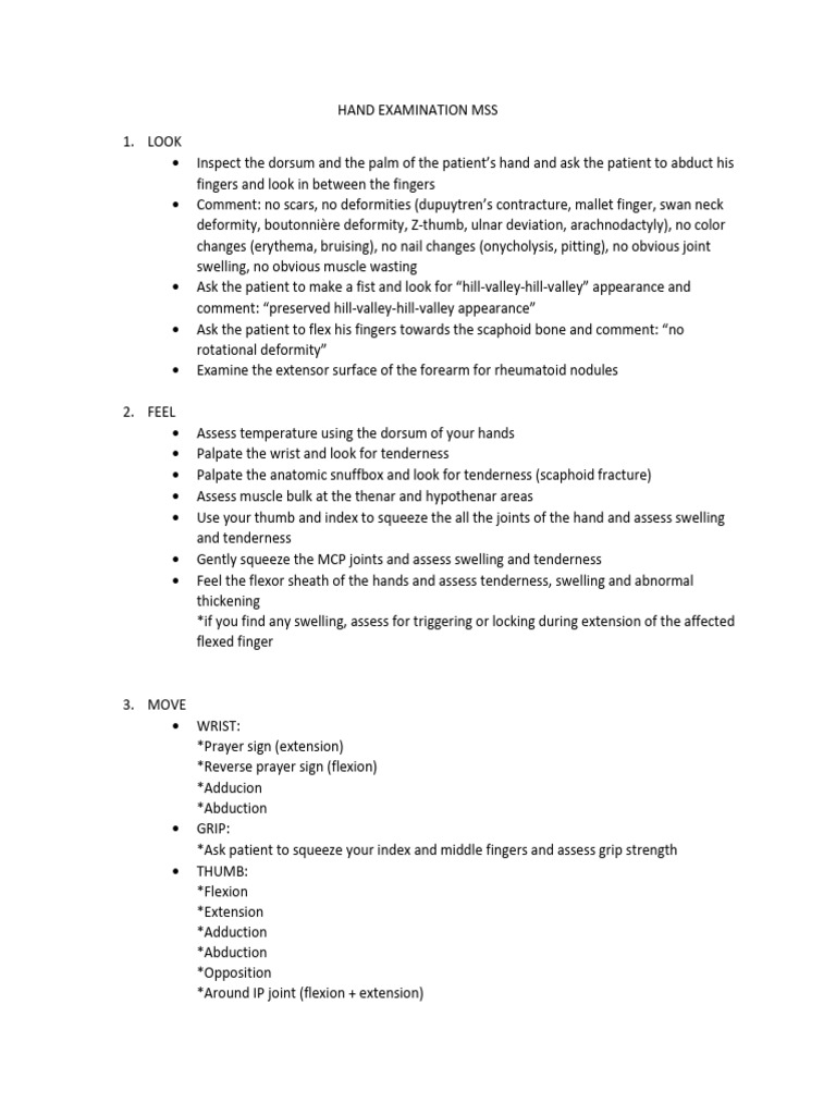 HAND EXAMINATION MSS | PDF | Hand | Anatomical Terms Of Motion