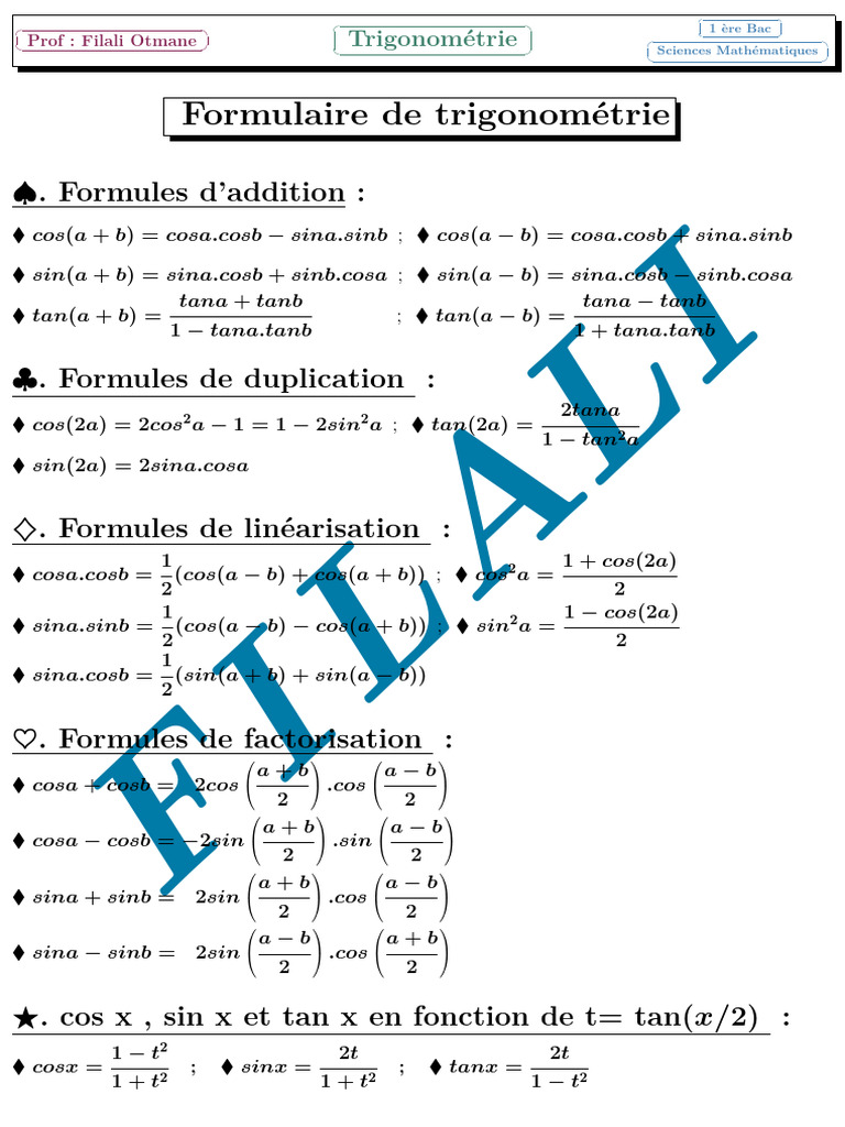 Formulaire de Trigonométrie 1ère Bac | PDF