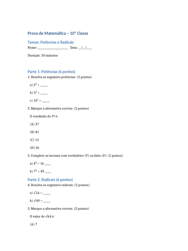 Prova de Matemática - 10ª Classe | PDF