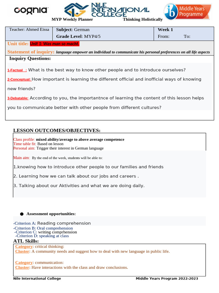 Weekly Lesson Plan Myp 4,5 | PDF | Lesson Plan | Reading Comprehension