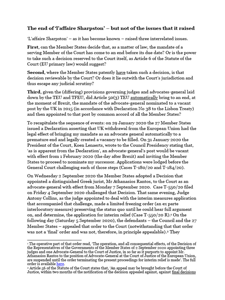 The end of ‘l’affaire Sharpston’ – but not of the issues that it raised ...