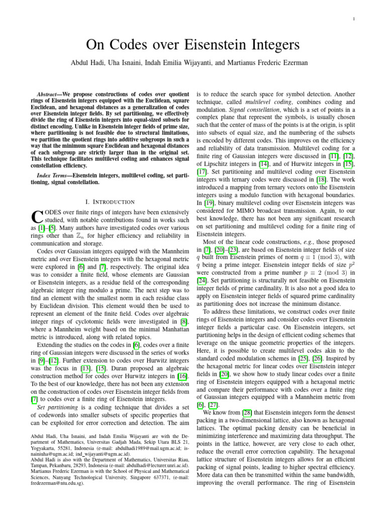 On Codes Over Eisenstein Integers | PDF | Field (Mathematics) | Ring ...